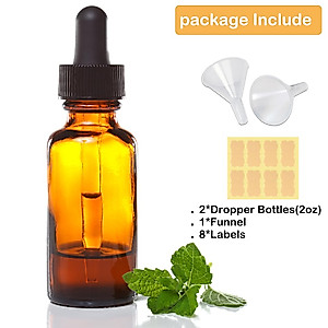 LANBEAUTIFY 2 oz Glass Dropper Bottles - 6 Pack Eye Dropper Bottles with Funnels & Labels - 60ml Amber Glass Tincture Bottles for Essential Oils, Liquids (2OZ-2PCS)