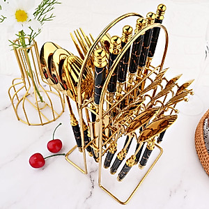 BRIIEC 24Pcs Creative Imitation Ceramics Handle Flatware Set Black Gold Hanging Cutlery Stainless Steel Tableware Silverware with Stand/Holder/Rack. Knives Forks Spoon for Home Kitchen