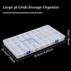 BENECREAT 2 Pack 36 Grids 14.3x8x1.18 Inch Large Transparent Plastic Compartment Box Grid Bead Organizers with Adjustable Dividers for Jewelry, Beads Accessories