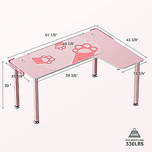 DESIGNA Pink Gaming Desk, 60 inch Pink L Shaped Gaming Desk, with Full Covered Cute Pink Desk mat for Girl Gaming Desk Pink, Easy to Assemble, Right Side