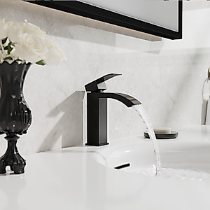 Phiestina Matte Black Waterfall Single Handle One Hole Bathroom Sink Faucet, Square Single Hole Basin Faucet with Metal Pop-up Drain with Overflow and Water Supply Line, BF01049-N1-MB