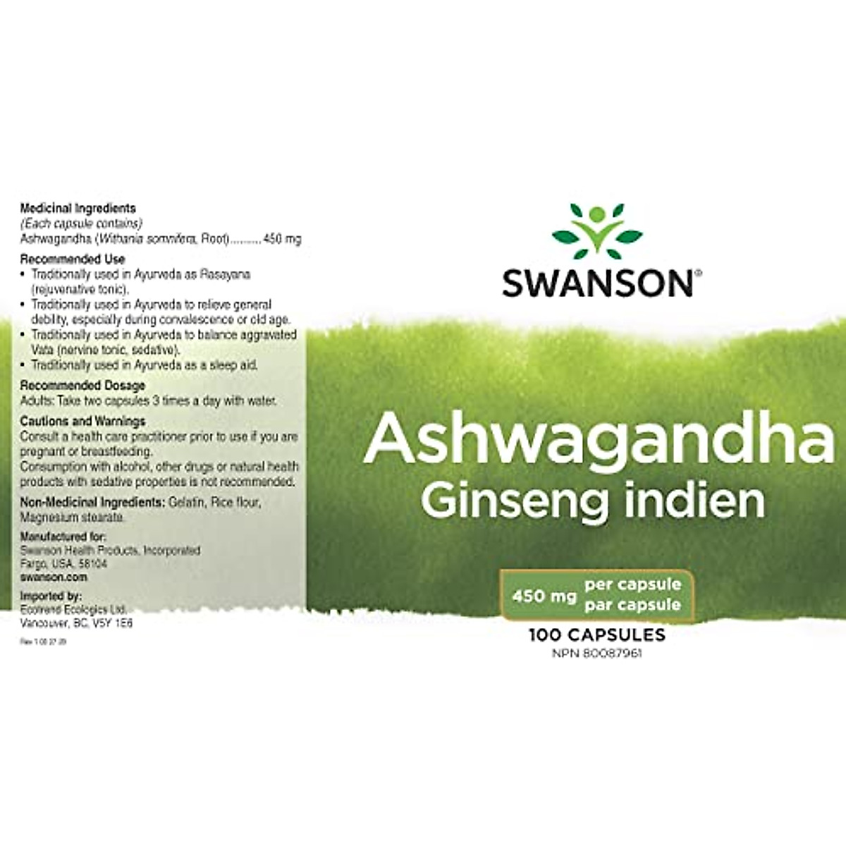 Swanson Ashwagandha Powder Supplement-Ashwagandha Root & Aerial Parts Supplement Promoting Stress Relief & Energy Support-Ayurvedic Supplement for Natural Wellness (100 Capsules, 450mg Each)
