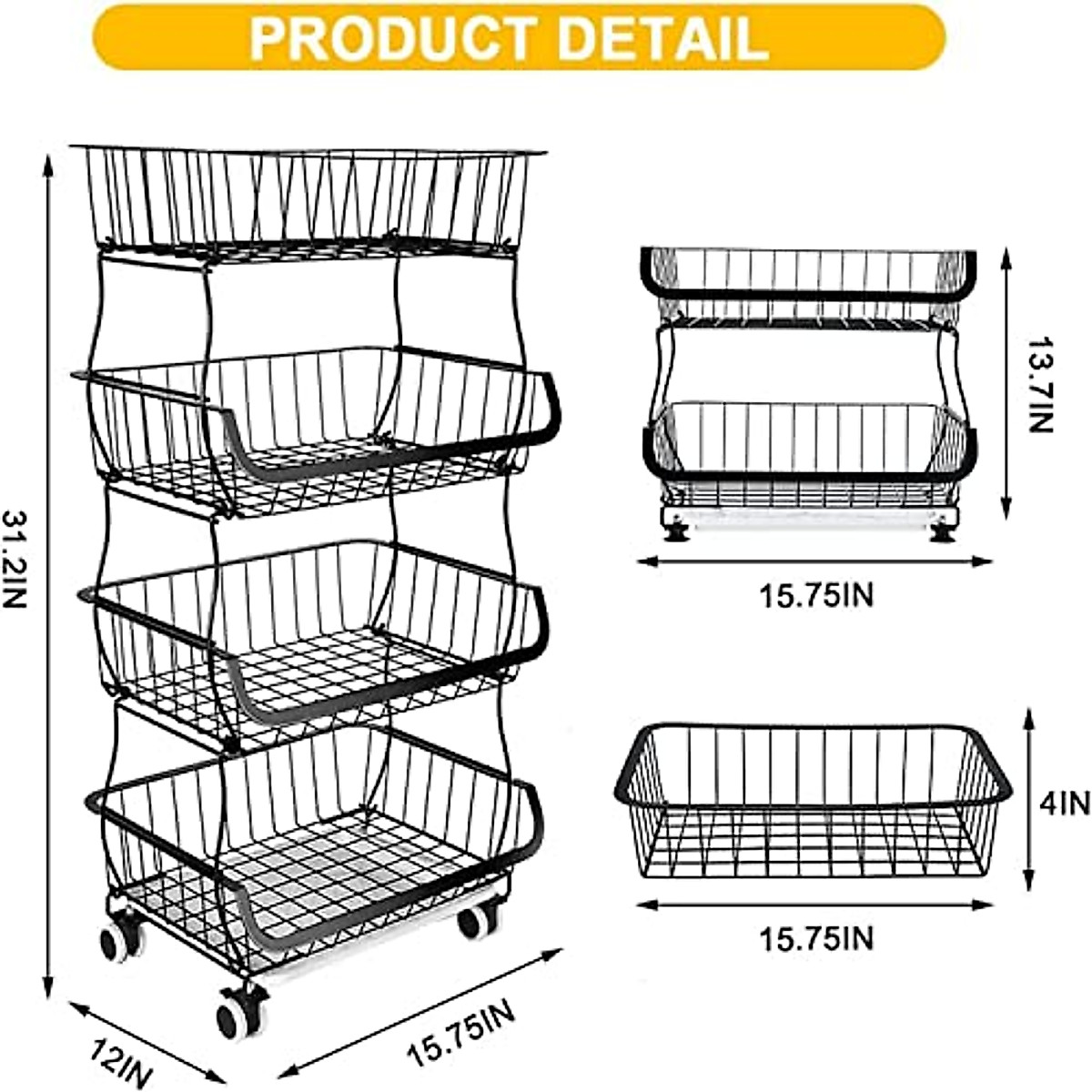 Loyaltaling Utility Cart, Kitchen Storage Cart Fruit Vegetable Storage Basket for Kitchen 4 Tier Stackable Metal Wire Baskets Cart with Rolling Wheels Utility Fruits Rack Produce Snack Organizer Bins