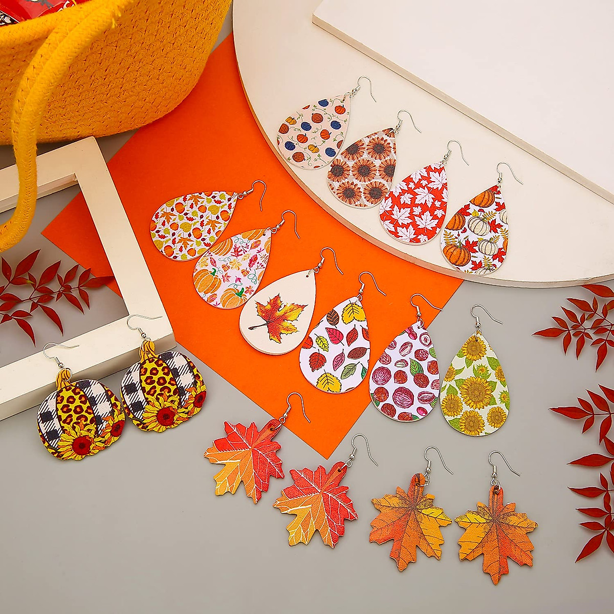 16 Pairs Fall Faux Leather Teardrop Earrings Plaid Pumpkin Sunflower Maple Leaves Autumn Jewelry Thanksgiving Accessory for Women