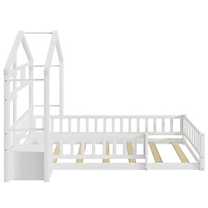 Twin Size Floor Bed with Bedside Stand,Kids Montessori Floor Bed with House-Shaped Headboard,Twin House Bed Frame for Kids,Girls,Boys,White