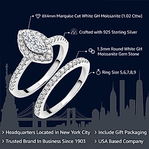 Gem Stone King 925 Sterling Silver White Moissanite Wedding Engagement Ring Band Bridal Set For Women (1.02 Cttw, Marquise Cut 8X4MM, Available in Size 5,6,7,8,9)