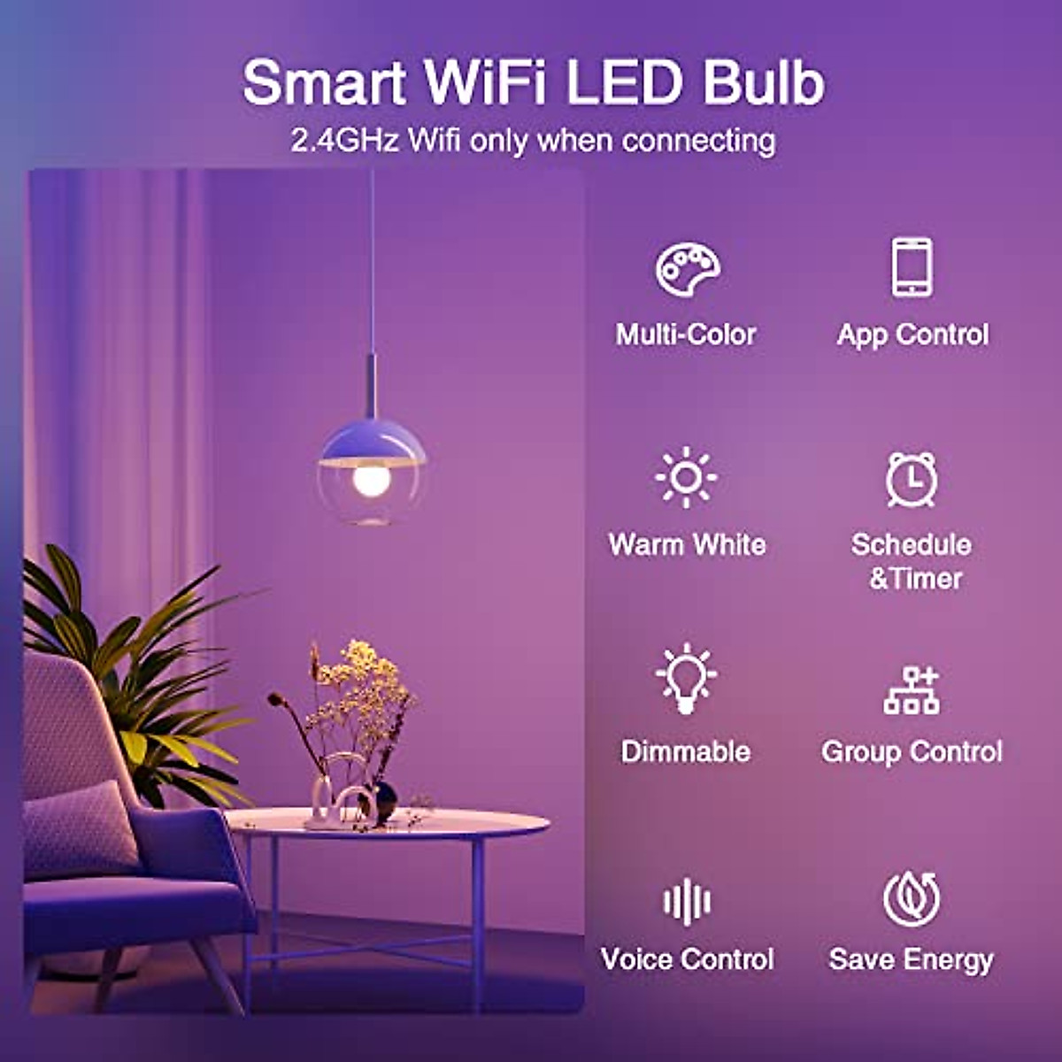 Ghome Smart Light Bulbs, A19 E26 Color Changing Led Bulb Works with Alexa, Google Home, App & Voice Control, 2.4Ghz WiFi Only, 800 Lumens,Dimmable RGB Warm White 2700K Smart Home Lighting, 4 Pack(WB4)