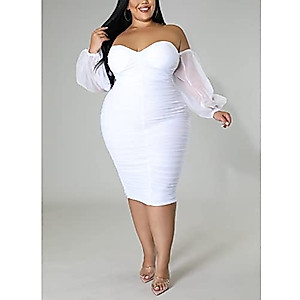 Uni Clau Plus Size Women Sexy Ruched Midi Dress Sheer Mesh Off The Shoulder Long Sleeve Bodycon Pencil Dresses
