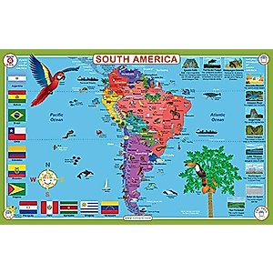 Tot Talk South America Map Kids Placemat Educational Placemat Reusable Washable Double-Sided Learning Made in USA