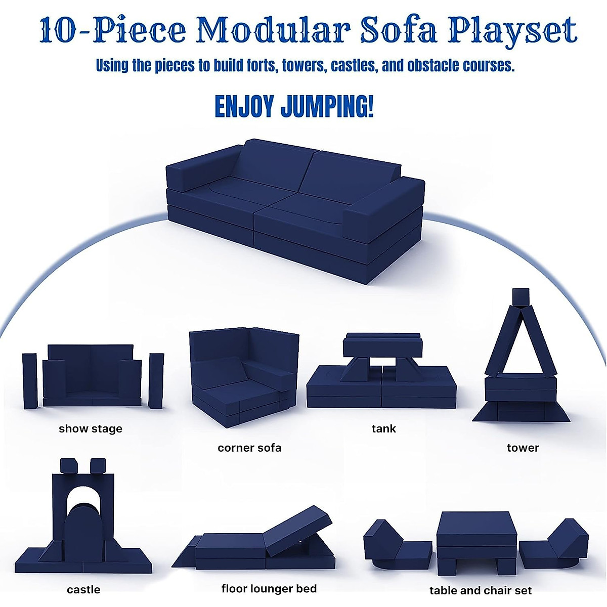 MeMoreCool Modular Kids Play Couch, 10 Piece Foam Lounge Sofa for Playroom, Large Toddler Bed and Block Couch for Boys, Navy