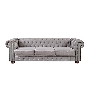 ERYE 88.5" 3-Seaters Chesterfield Sofa&Couch, Clasic Luxury Roller Armrest Special Wood Legs Sectional,Button Tufted Linen Upholstered Modular Sofa Couch with Removable Cushions & Nailhead Decor