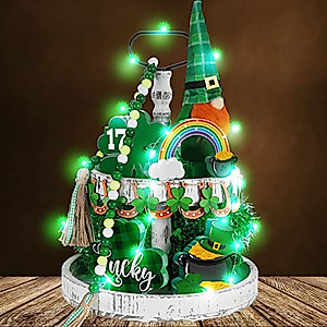 14 Pcs St. Patrick's Day Tiered Tray Decor with Green String Led Shamrock Rainbow Coin Pot Wood Sign Irish Gnome Plush and Wood Banner for St Patricks Day Home Table Party Kitchen Decor