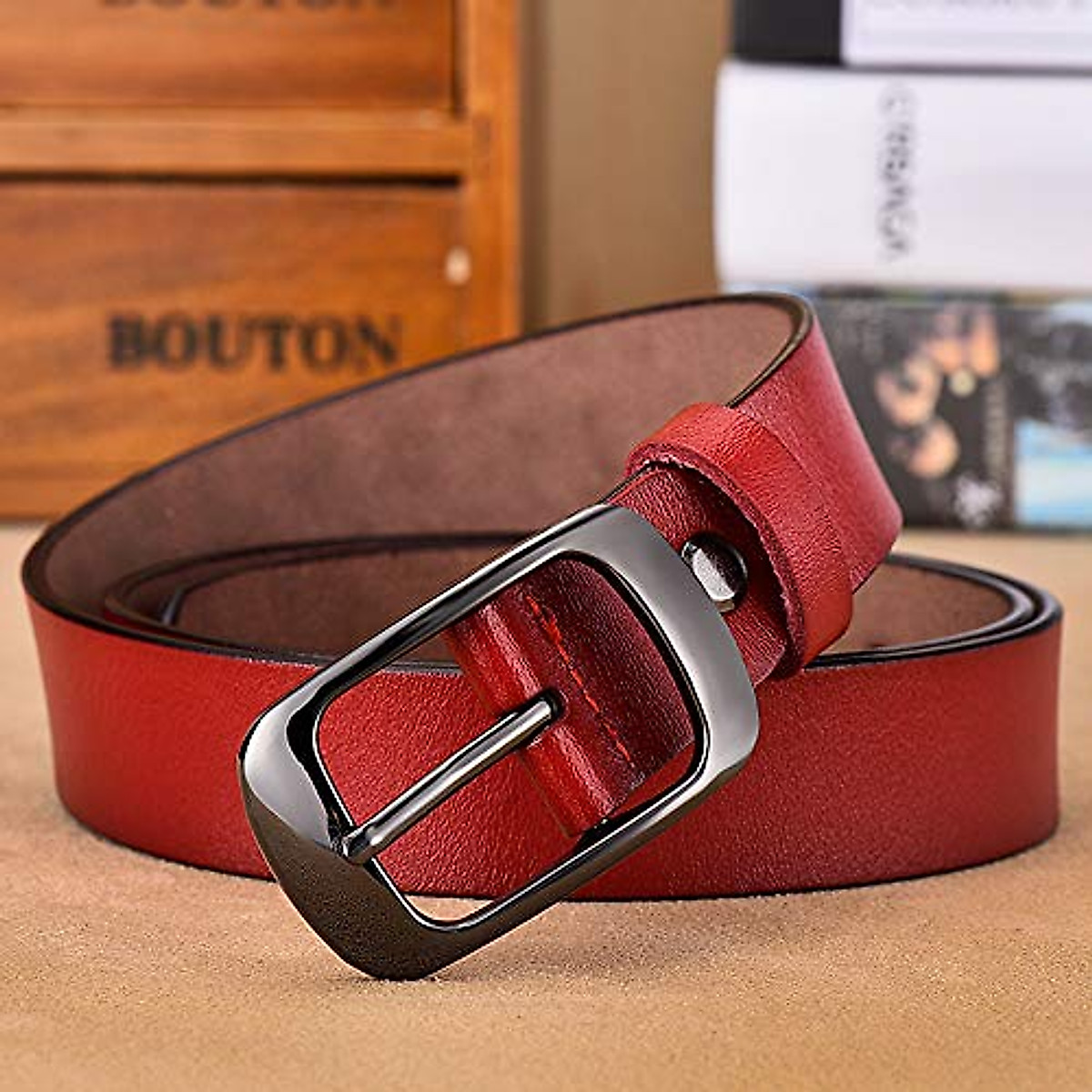ESPOFY Women's Belt Genuine Leather Belt with Single Prong Alloy Buckle Red 43inch (110cm)