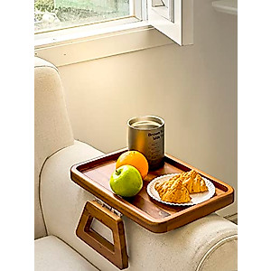 Tinamo Acacia Wood Sofa Armrest Tray -Sofa Arm Tray Table Clip - Couch Arm Table for Wide Couches - Wooden Side Tables for Small Spaces for Eating and Drink (Rectangular, Acacia)