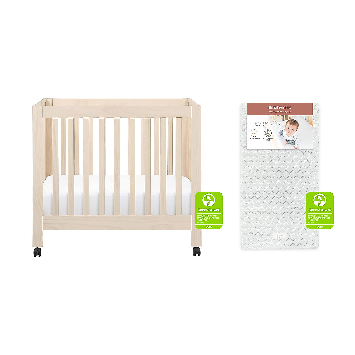 Origami Mini Crib with Pure Core Non-Toxic Mini Crib Mattress with Hybrid Waterproof Cover