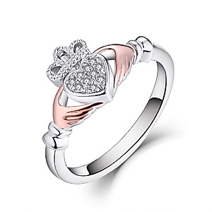 JO WISDOM 925 Sterling Silver Cubic Zirconia Rose Gold Claddagh Heart Promise Ring Size 8