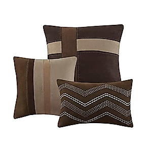 Madison Park Palisades Comforter Set Modern Faux Suede Pieced Stripe Design, All Season Down Alternative Cozy Bedding with Matching Shams, Decorative Pillows, Queen(90"x90"), Brown 7 Piece