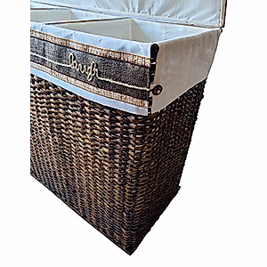 GUTZ Handcrafted Wicker Oversized 3 Section Divided Laundry Hamper Sorter and Organizer Handwoven Rattan Basket with Lid, Cloth Liner and Coconut Buttons, Jute Rope, and Raffia Weave Accent