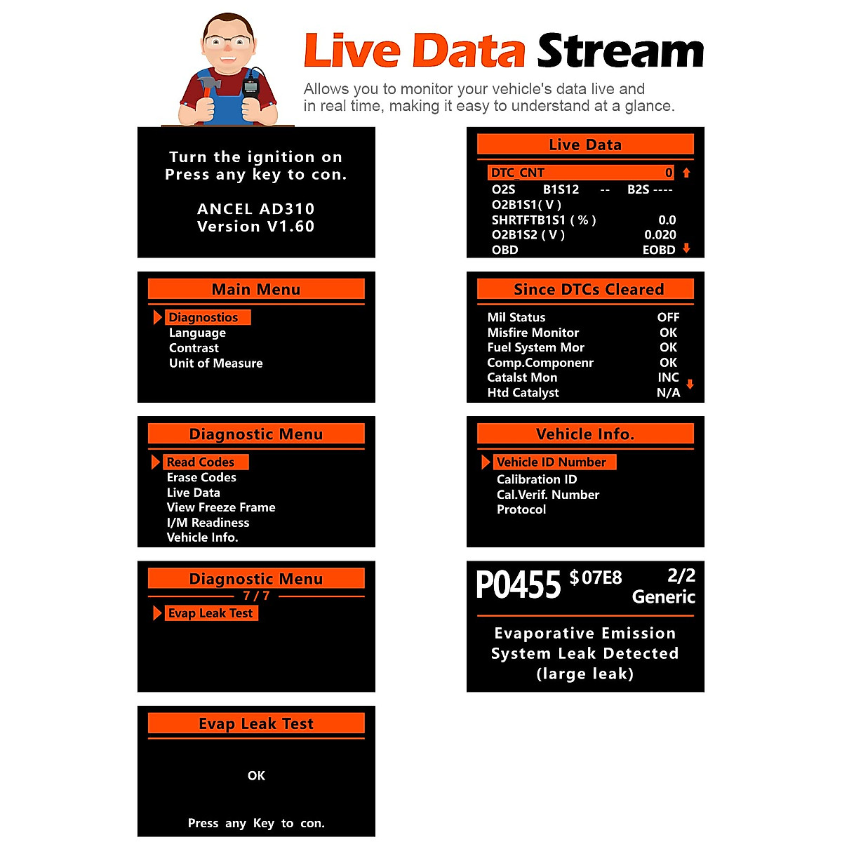 ANCEL AD310 Classic Enhanced Universal OBD II Scanner Car Engine Fault Code Reader with ANCEL Protective Case Storage Bag