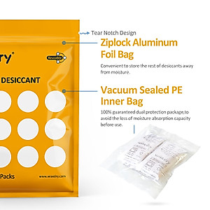 wisedry 50 Gram [10 Packs] Silica Gel Packets Microwave Fast Reactivate Desiccan Packs with Indicating Beads