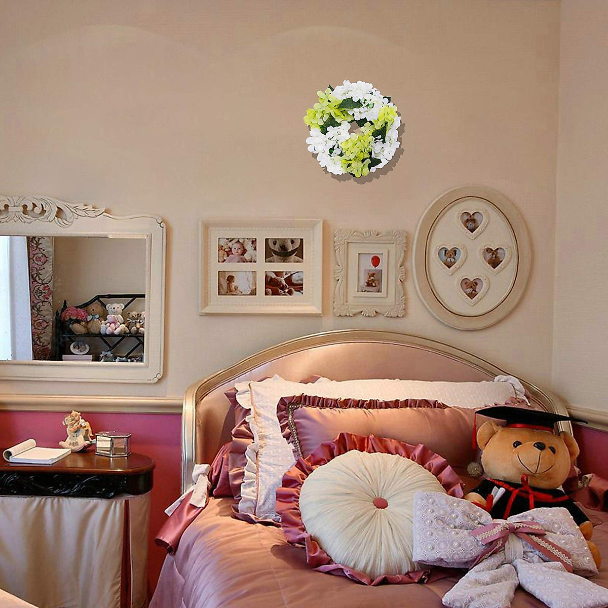 14'' Flower Wreath Small Hydrangea & Green Leaves Wreath with Real Grapevine for Front Door Windows Porch Home Window Wall Garden Decor