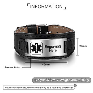 Ashleymade Free Custom Engraved Leather Medical Alert ID Bracelets Unisex Waterproof Stainless Steel Medical Name ID Identification Allergy Wristband for men women (black-medical)