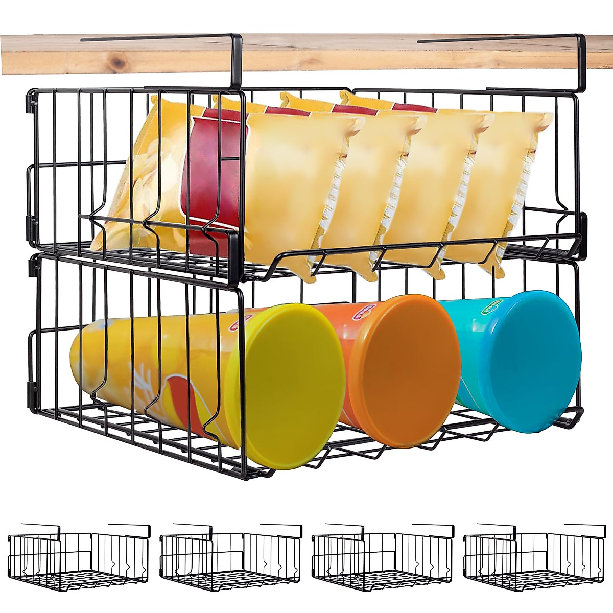 Hanging Under Shelf Storage Basket, 4 Pack Foldable Under Cabinet Metal Desk Storage Wire Rack Organizer for Kitchen Pantry Bookshelf Office Home, Easy to Install Slide-in Under Shelves (Black)