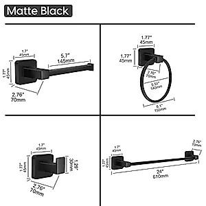 DEGULAS Bathroom Hardware Set 4 Pieces, Matte Black Towel Bar Set , Includes 24In Towel Bar, Towel Ring, Robe Towel Hooks,Toilet Paper Holder, Bathroom Towel Rack Set