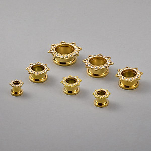 KUBOOZ Jewelry Gold Plated Flower Stainless Steel Crystal Gems Screw Back Ear Plugs Gauges Sold in Pairs 8mm