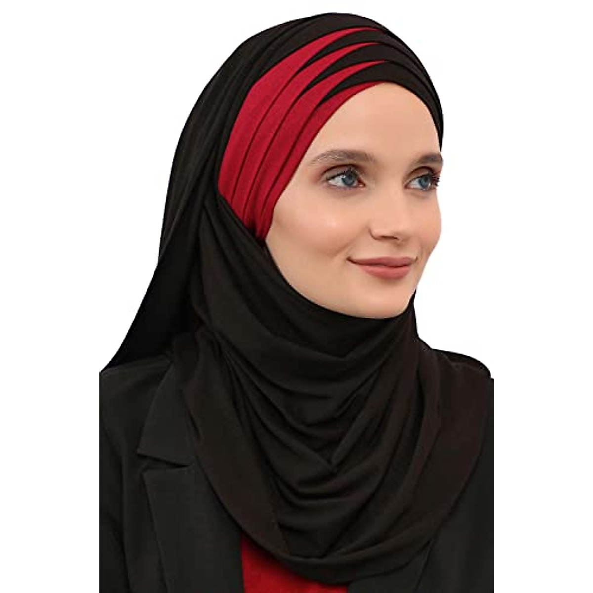 Aisha's Design Hijab Muslim Scarves for Women,0 Cotton Presewn Jersey Shawl Turban, 2-Color, Black - Dark Red