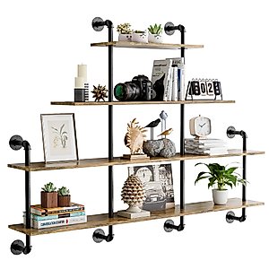 WFSRESTD Industrial Pipe Shelving, 4 Tier Rustic Wooden Floating Shelves, Wall Display Bookshelf, Storage Rack Sundries Holder for Kitchen Office Bathroom Organization and Home Decor
