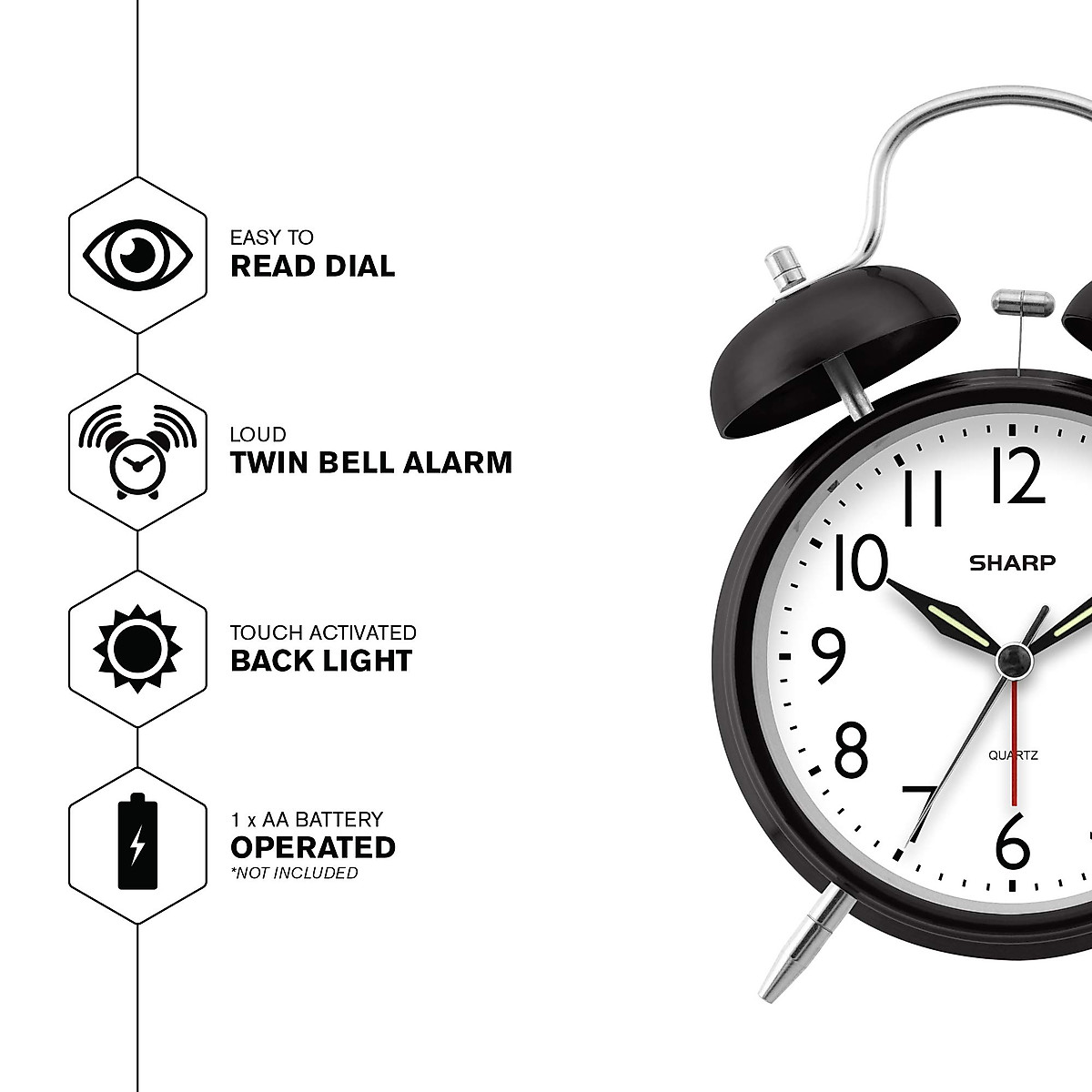 SHARP Twin Bell Alarm Clock - Loud Alarm - Great for Heavy Sleepers - Battery Operated Quartz Analog Clock (Midnight Black)