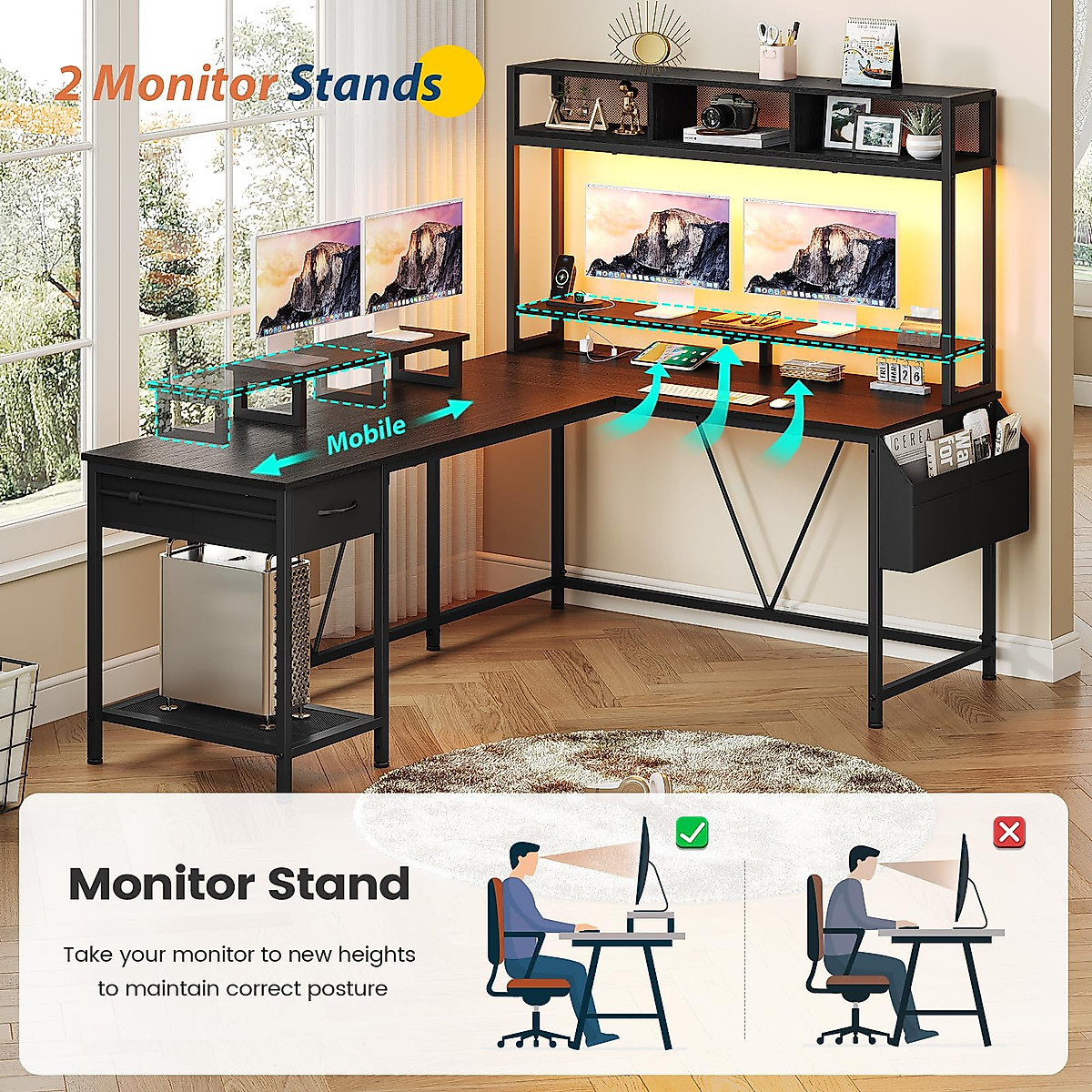 UPOSOJA L Shaped Gaming Desk with Shelves, Reversible 66.9" Corner Computer Desk with Power Outlet and Led Strip, Home Office Desks with Drawer Mobile Monitor Stand Storage Bag(Black)