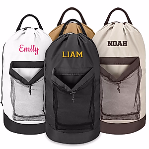 Personalized Travel Laundry Bag Backpack, Embroidered Extra Large Laundry Bag For Travel with Shoulder Strap, Custom Heavy Duty Laundry Bag with Mesh Pocket for Delicates, Traveling and Camping