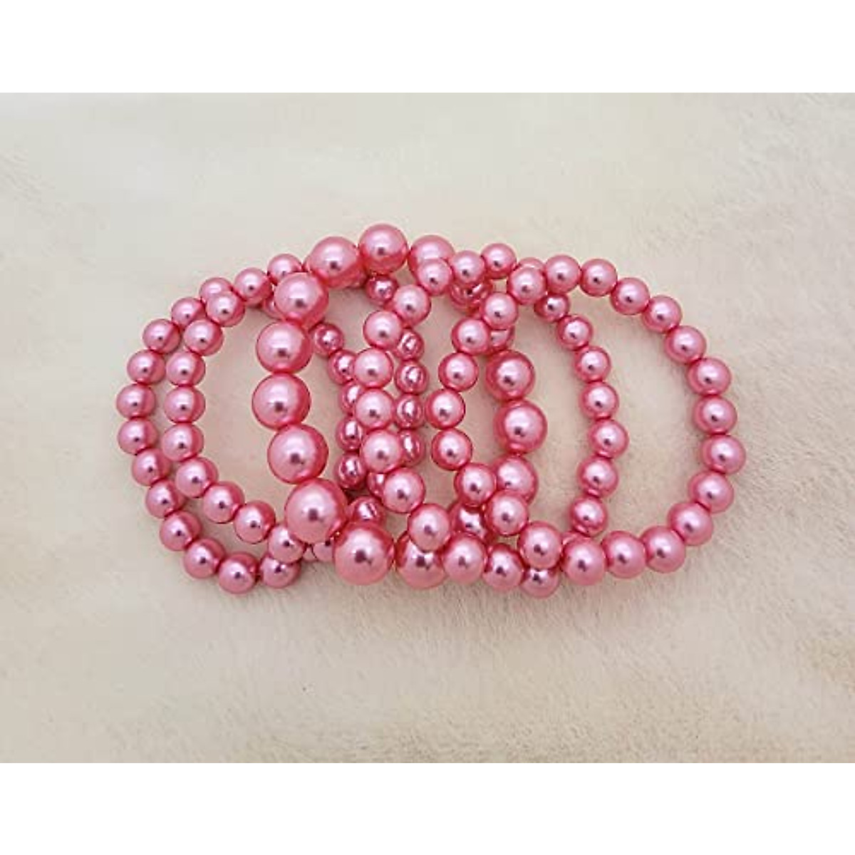BA UNIQUE FASHION Women's Simulated Pearl Stretch Bracelet 5 PCS Set (Watermelon Pink)