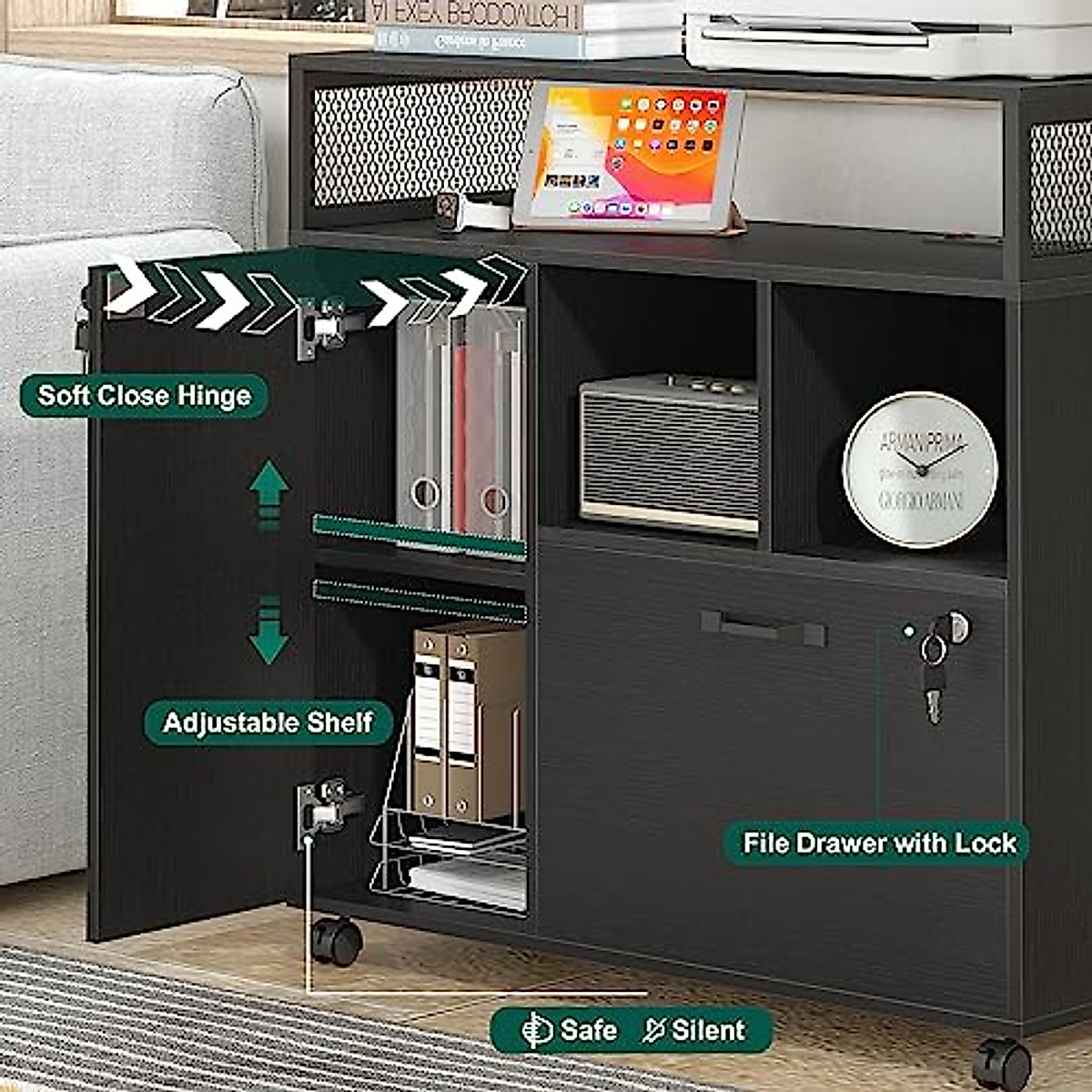 Tcpuolr Lateral File Cabinet with Charging Station, File Cabinet with Lock, Cabinets for Home Office, Mobile Filing Cabinet with Drawer, Printer Stand for A4, Letter Size and File Folders