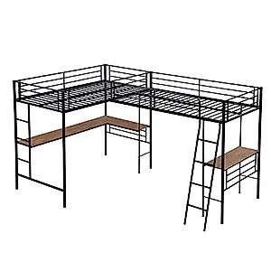 L-Shape Loft Beds with Two Desk Metal Double Twin Loft Beds Frame Heavy-Duty Black Corner Twin Size Lofts Bed for 2 Kids Girls Boys Teens