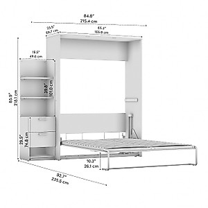 Bestar Cielo Queen Murphy Bed with Nightstand and Floating Shelves (85W) in Bark Gray and White, Sleeping Arrangement for Multipurpose Room