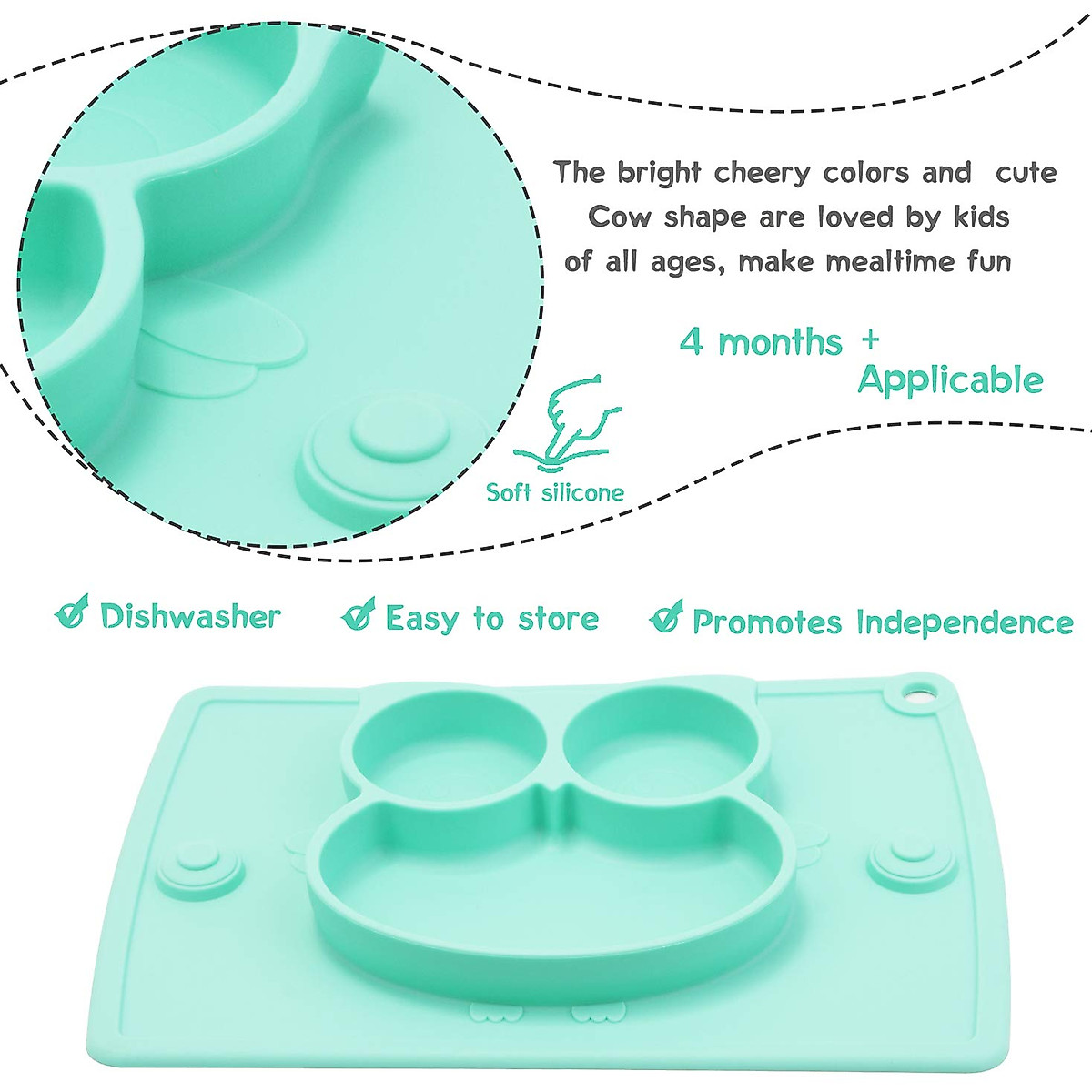 Silicone Divided Toddler Plates - Portable Non Slip Suction Plates Placemat for Children Babies and Kids BPA Free Baby Dinner Plate Bowl (Owl-Cyan)