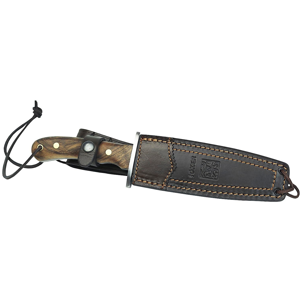 Joker Bowie CN96 Hunting Knife. Knife with Walnut Wood Handle and Full Tang Stainless Steel Mova Blade of 5.7 inches. Includes brown leather sheath