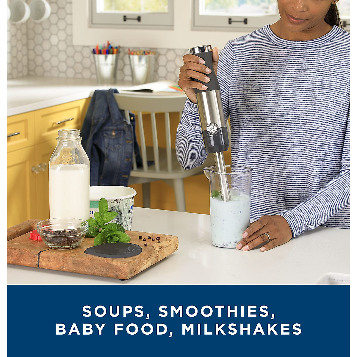 GE Immersion Blender | Handheld Blender for Shakes, Smoothies, Baby Food & More | Includes Whisk & Blending Jar | 2-Speed | Interchangeable Attachment for Easy Clean | 500 Watts | Stainless Steel