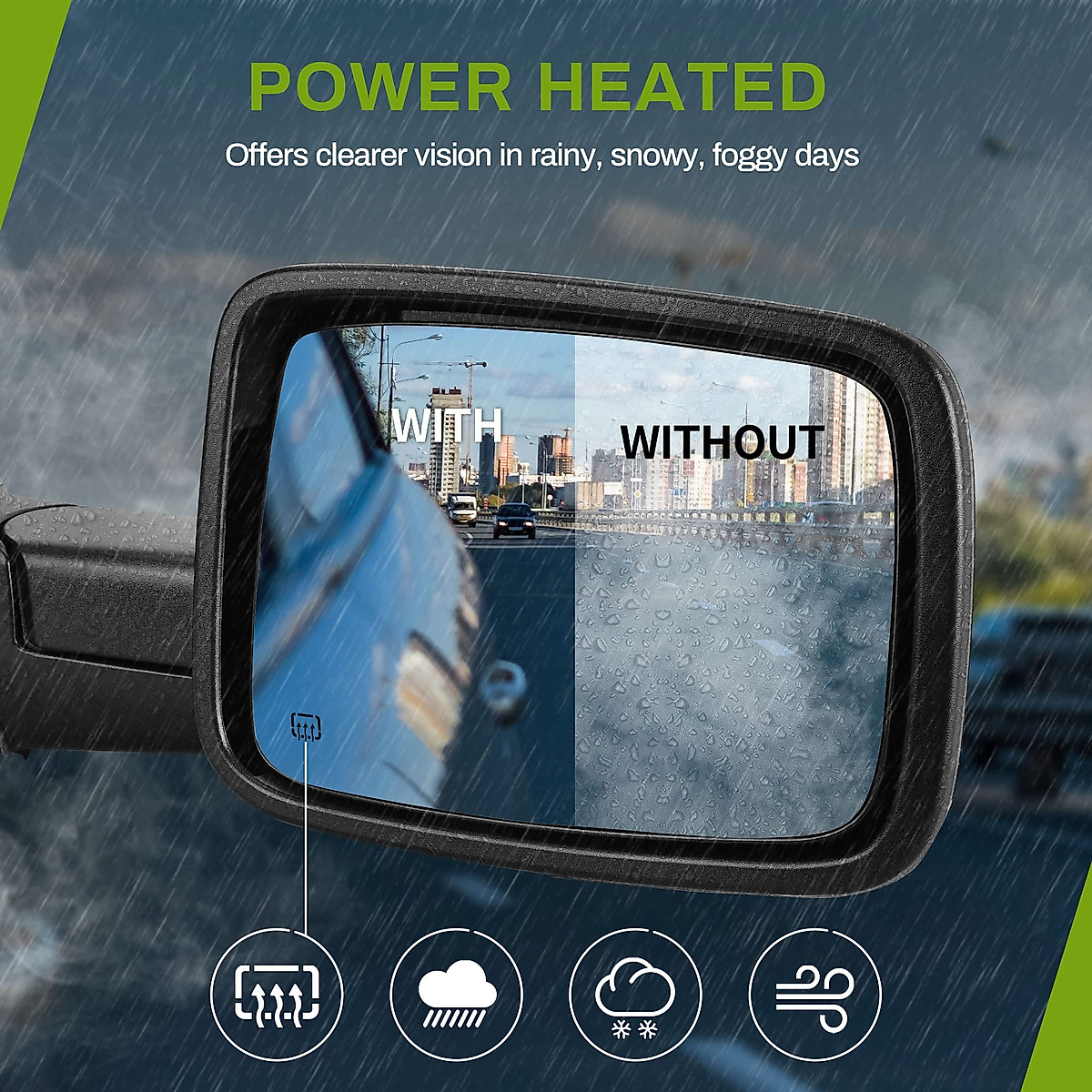 AUTOSAVER88 Towing Mirror Compatible with Dodge Ram 2009-2018 Full Size Right and Left Side Power Heated Non-Towing W/Signal and Puddle Light Folding Wing Mirror