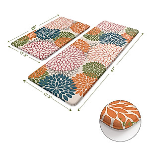 Kitchen Rugs and Mats Cushioned Anti Fatigue Kitchen Mat 2PCS Non-Skid Waterproof Kitchen Runner Rug Comfort Foam Standing Mat for Floors,Office,Laundry,Sink,Floral