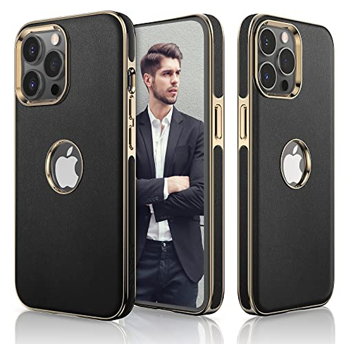 LOHASIC Compatible with iPhone 14 Pro Max Case, Slim Leather Gold Electroplated Bumper Anti-Scratch Soft Back Cover Protective Men Cases Designed for iPhone 14 Pro Max 6.7 inch 2022 - Black