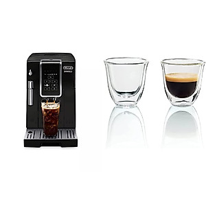 De'Longhi ECAM35020B Dinamica Automatic Coffee & Espresso Machine TrueBrew (Iced-Coffee), Black & DeLonghi Double Walled Thermo Espresso Glasses, Set of 2, Regular, Clear