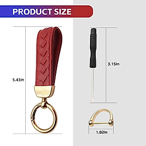 NTNEV Genuine Leather Car Keychain, Universal Car Key FOB Keychain, handmade knitted car key chain, 360 Degree Rotating with Anti-Lost D-Ring, 2 Key Rings and 1 Screwdriver, Unisex-Red