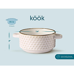 KooK Ceramic Soup Bowls with Handles, Embossed, for Cereal, Dessert, Pastas, Microwave & Dishwasher Safe, Ivory with Dark Copper Accents, Set of 4, 26.5 oz, Narbonne Collection