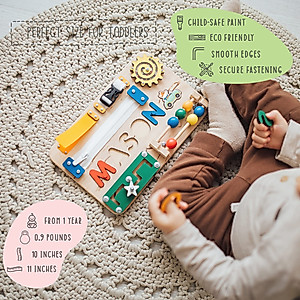 Name Puzzle Busy Board Custom Personalized Baby Gift Wooden Montessori Toys Learning Sensory Board Toddler Toys Fidget Zipper Buckle Plane Car Travel Boy Girl Latches Autistic Education Engaging Child