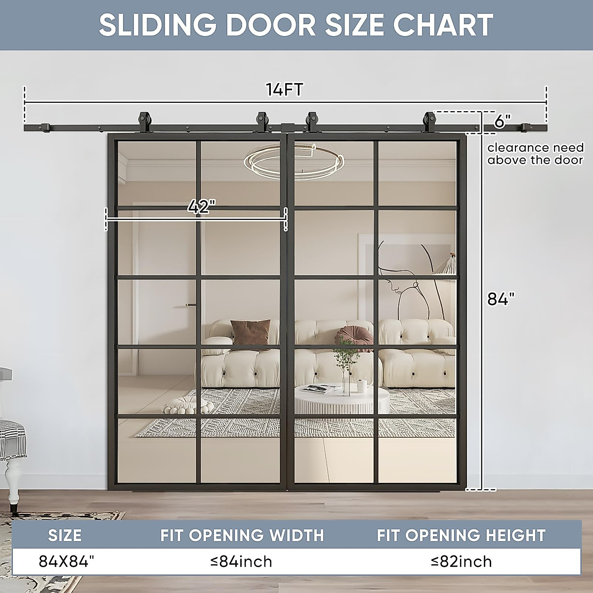 JUBEST Double Barn Door 84 x 84 in with 14FT Hardware Kit, 2 Sets of 42x84 in Clear Tempered Glass Aluminum Frame Barn Door,Pocket Interior Door, Easy Assembly，Black Top-Mounted Hardware