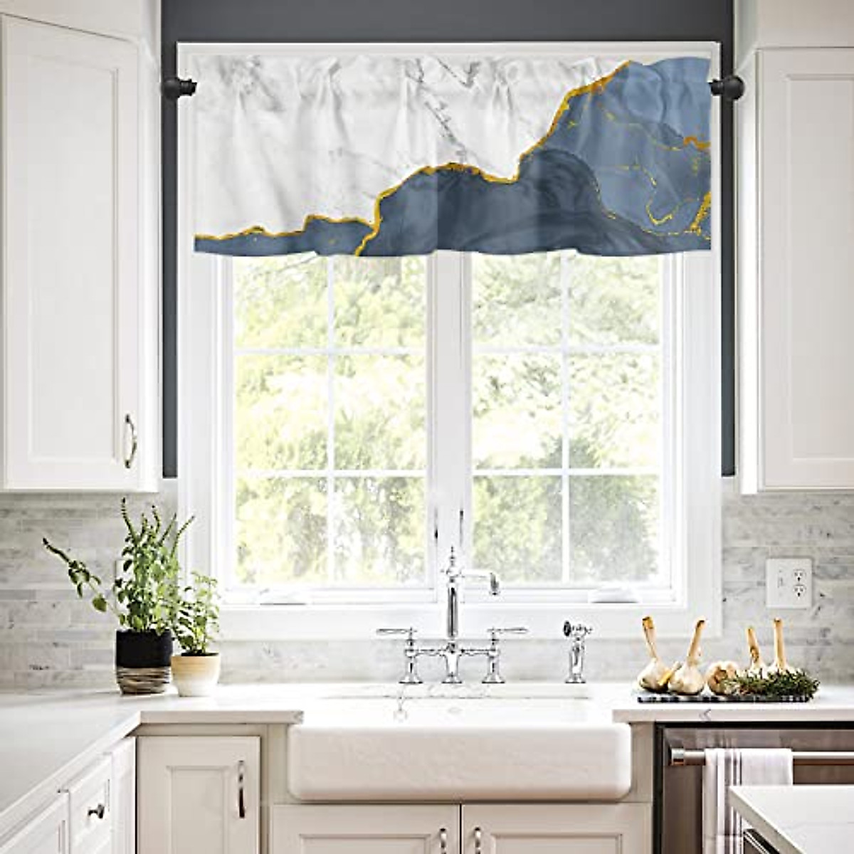 Marble Blue Haze Valance Curtains for Living Room/Bedroom/Bathroom/Kitchen Window,Rod Pocket Window Valance Tiers Small Curtain Drape Treatment,Modern Abstract Gold White Gray Panel Valance 60"x18"